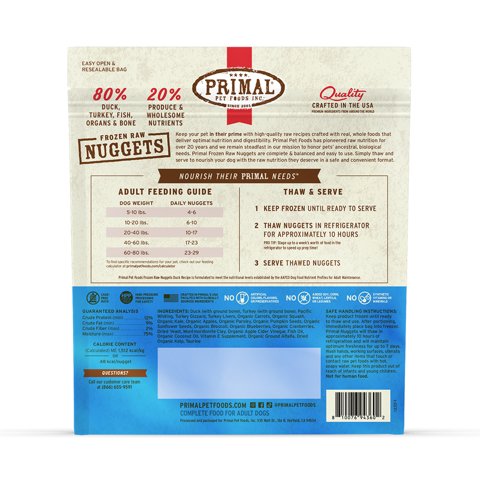 Frozen Raw Dog Food Nuggets – Duck Recipe – Primal Pet Foods